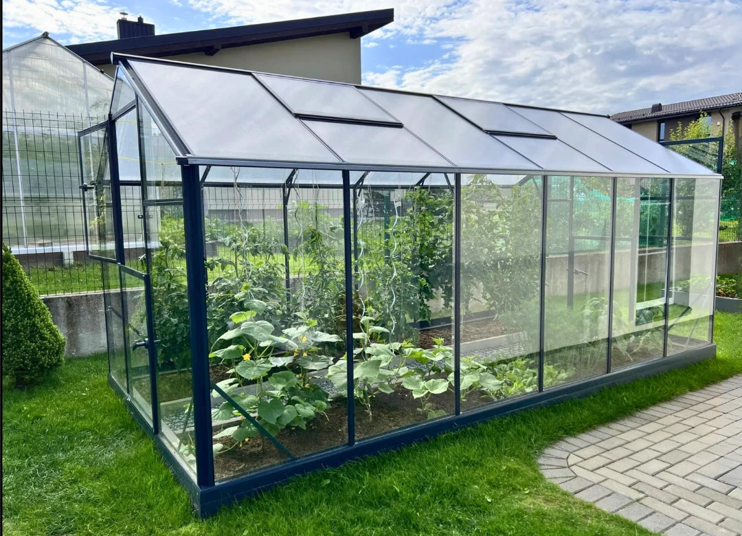 Hybrid Greenhouse L-Series 2.2m | Glass Walls + 6mm Roof | Black ...