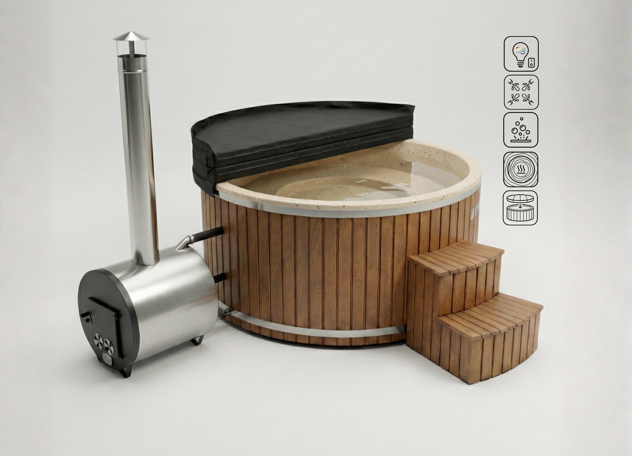 Premium Wood-Fired Hot Tub (2.0m) – Dual Massage & Light Granite – TIM-DAM
